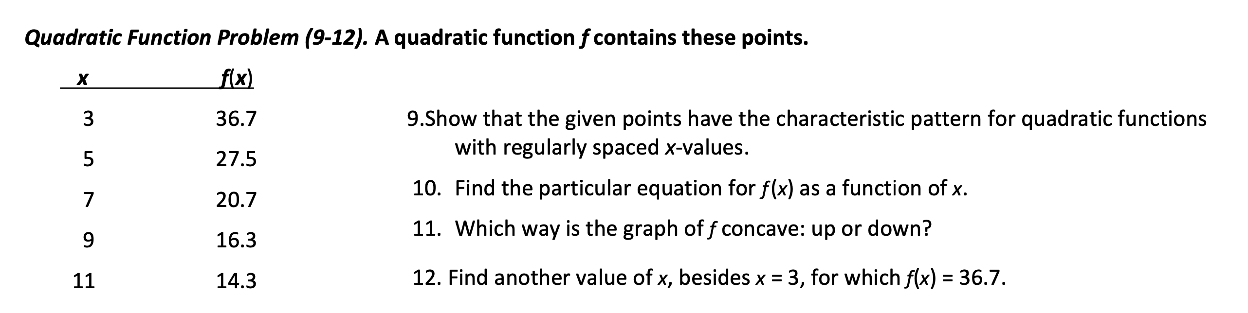 Solved Quadratic Function Problem (9-12). ﻿A quadratic | Chegg.com