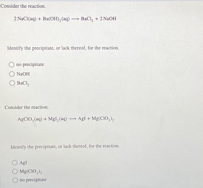 Solved Consider the reaction. 2 NaCl(aq) + Ba(OH)₂ (aq) → | Chegg.com