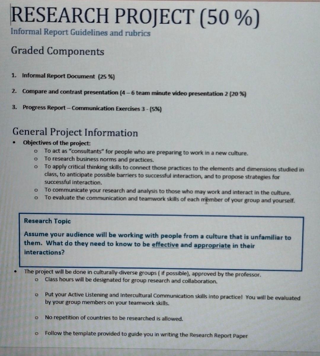 RESEARCH PROJECT (50 %) Informal Report Guidelines | Chegg.com