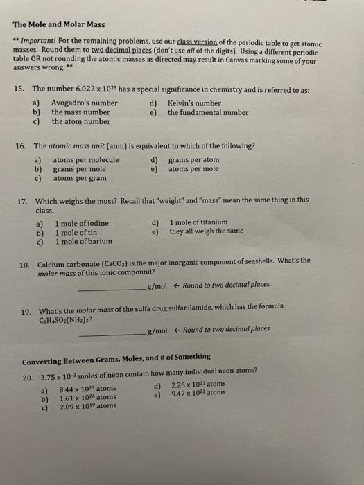 Solved The Mole and Molar Mass ** Important! For the | Chegg.com