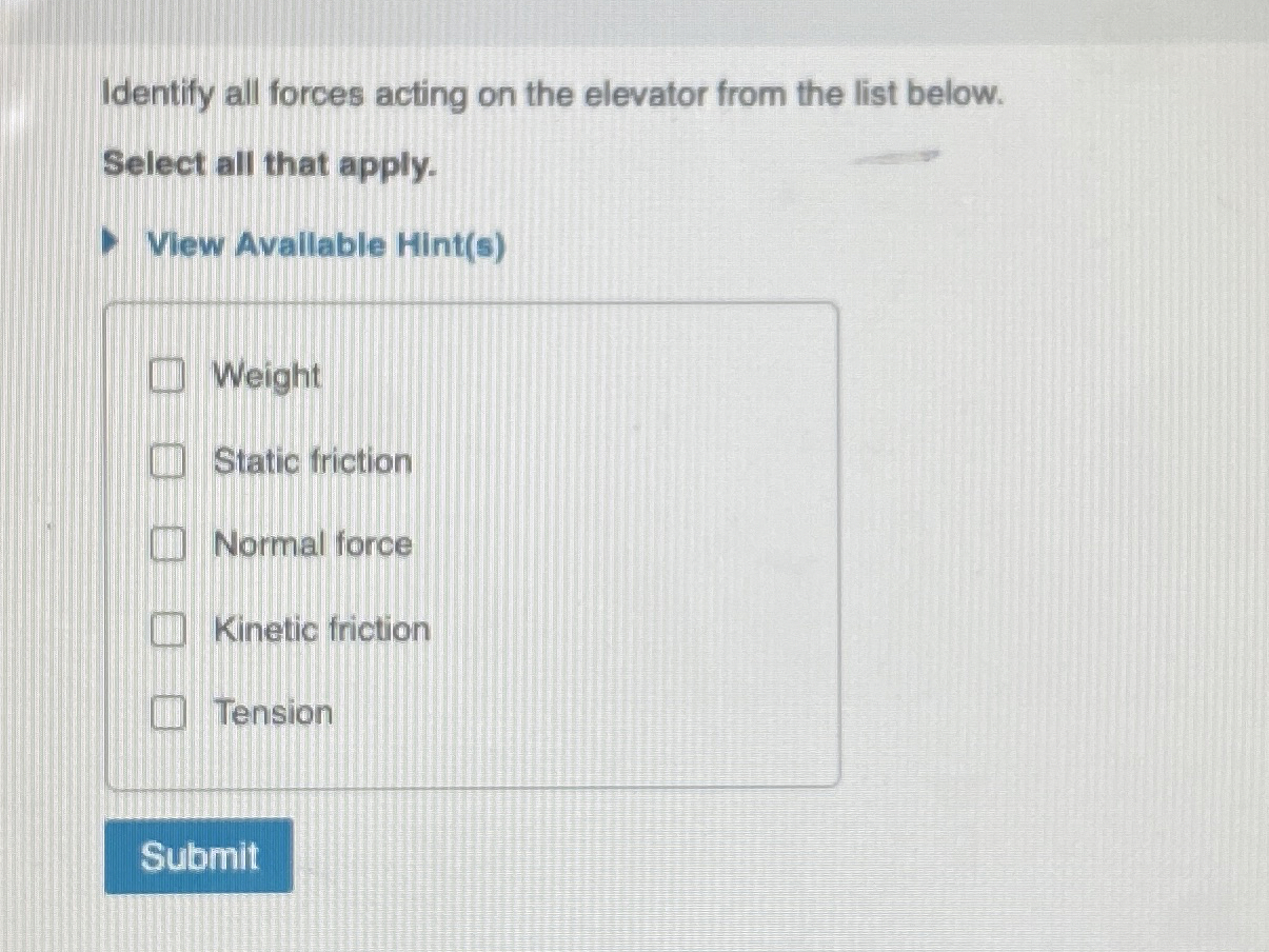 Solved Identify all forces acting on the elevator from the | Chegg.com