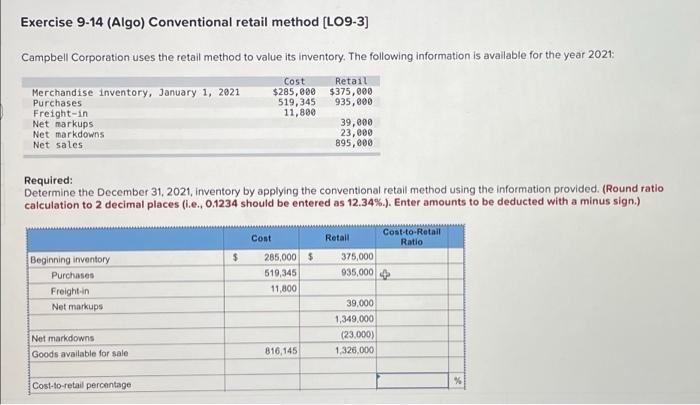 Solved Exercise 9-14 (Algo) Conventional retail method | Chegg.com