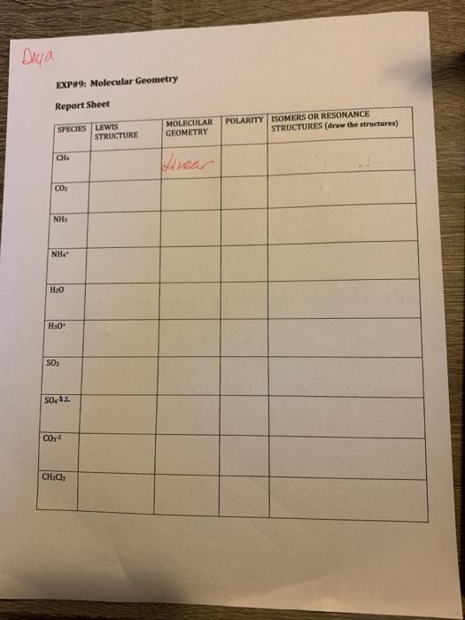 Solved Daya EXP#9: Molecular Geometry Report Sheet SPECIES | Chegg.com