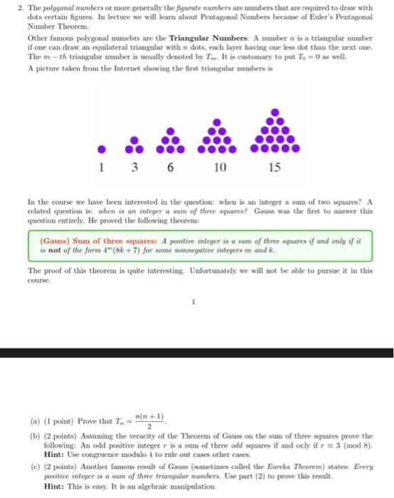 2. The polygonal numbers or mote generally the | Chegg.com