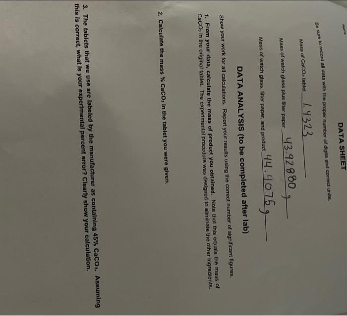 Solved DATA SHEET Be sure to record all data with the proper | Chegg.com