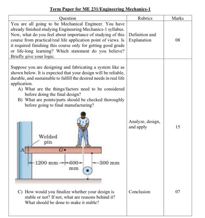 Solved Marks 08 Term Paper for ME 231/Engineering | Chegg.com