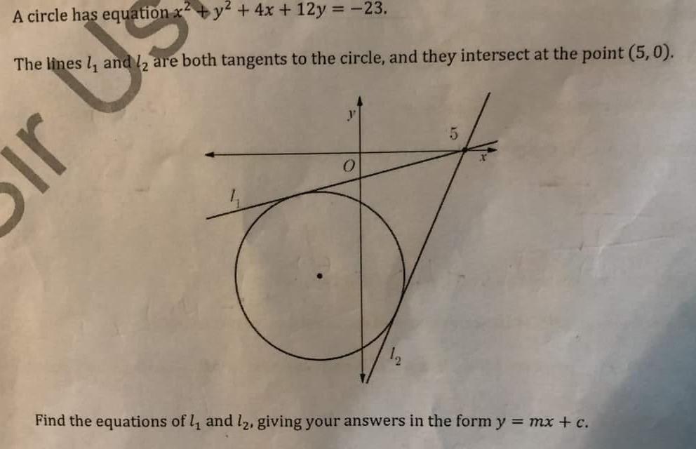 Solved A circle has equation x2+y2+4x+12y=−23 The lines l1 | Chegg.com