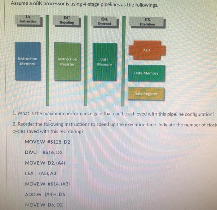 Assume a 68K processor is using 4-stage pipelines as | Chegg.com