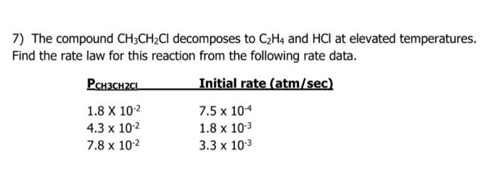 Solved 7) The compound CH3CH2Cl decomposes to C2H4 and HCl | Chegg.com