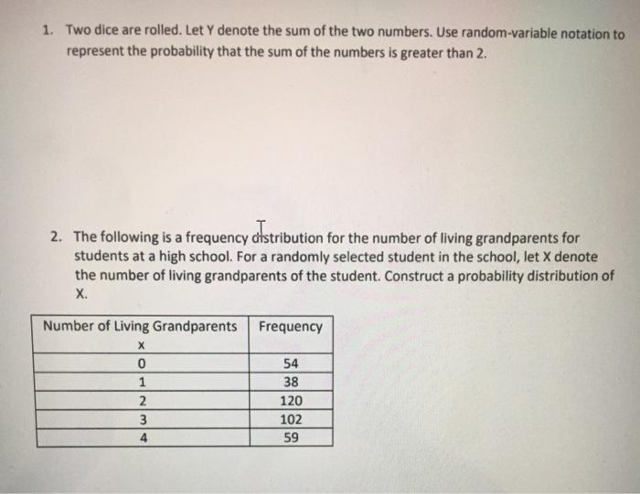 Solved 1. Two dice are rolled. Let Y denote the sum of the | Chegg.com