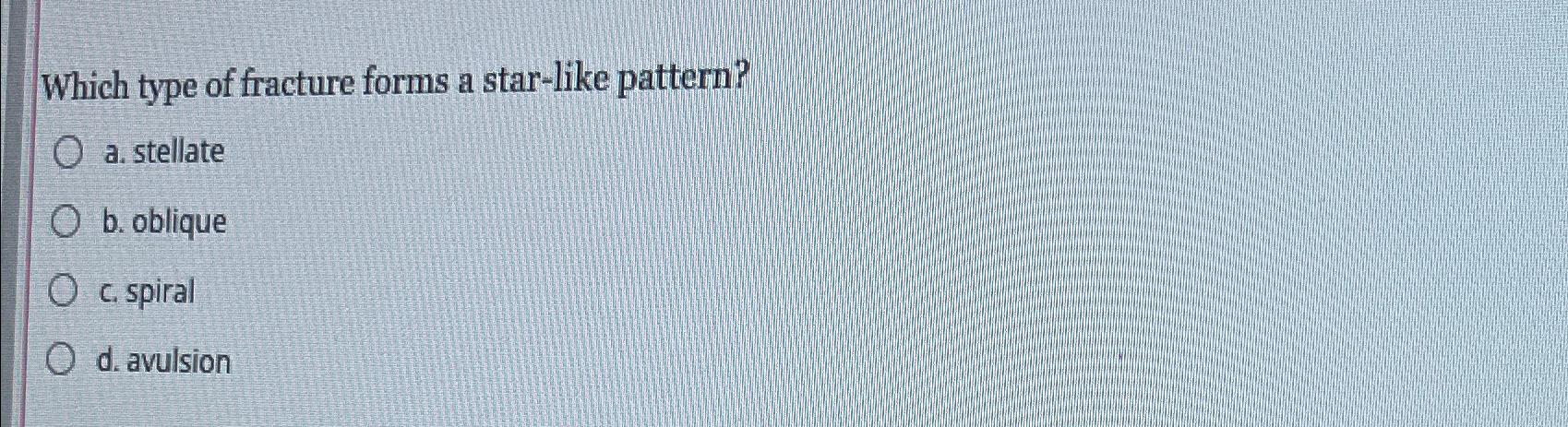 Solved Which type of fracture forms a star-like pattern?a. | Chegg.com
