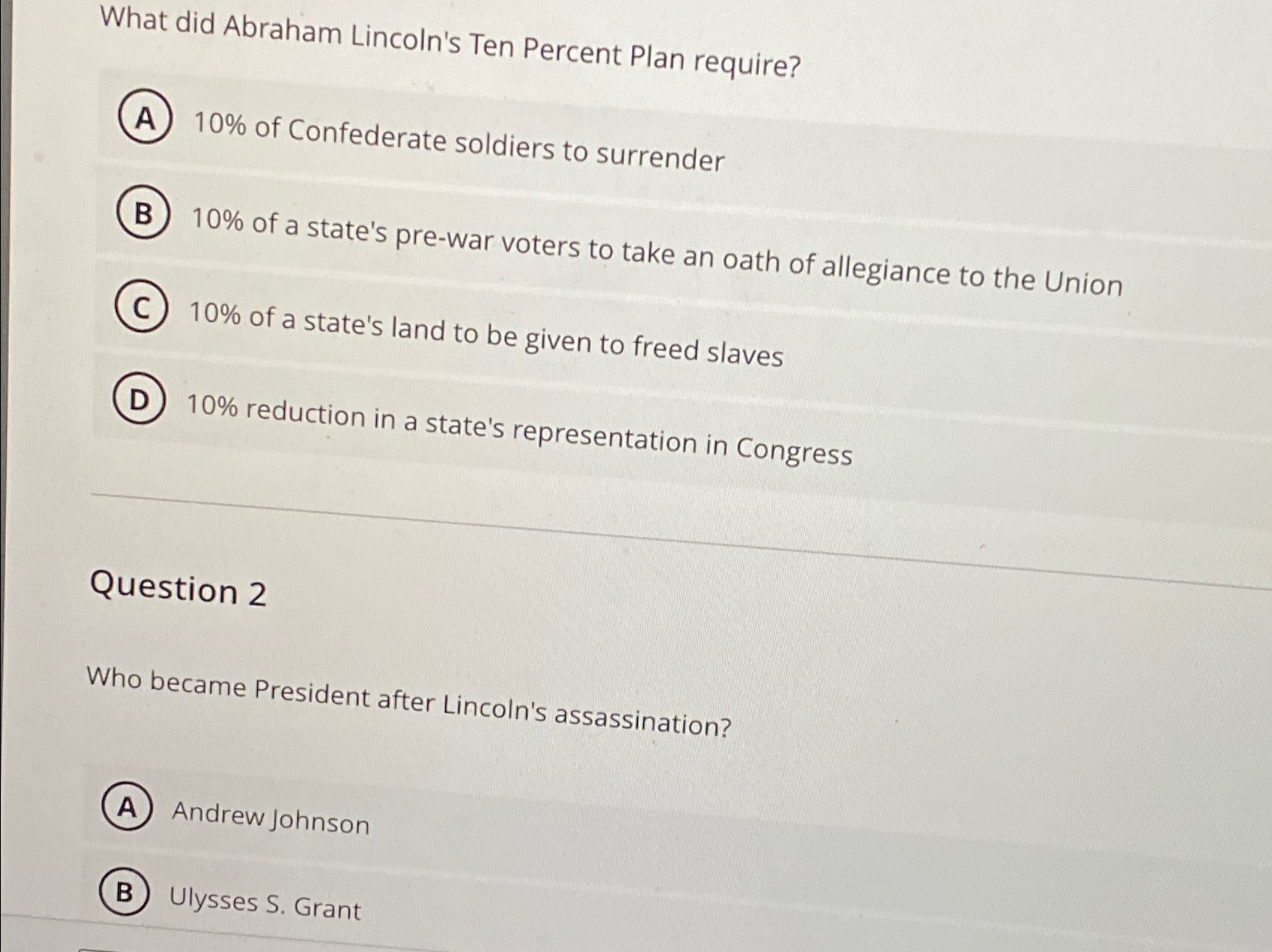 Solved What did Abraham Lincoln's Ten Percent Plan | Chegg.com