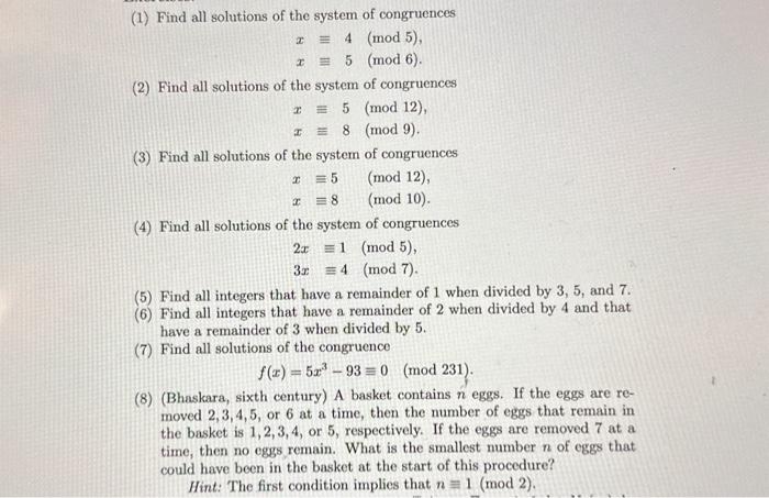 Solved (1) Find all solutions of the system of congruences | Chegg.com