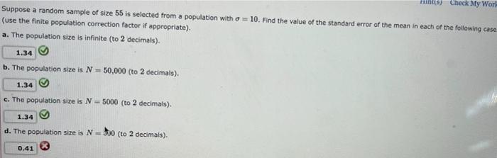 Solved Hints Check My Work Suppose a random sample of size | Chegg.com