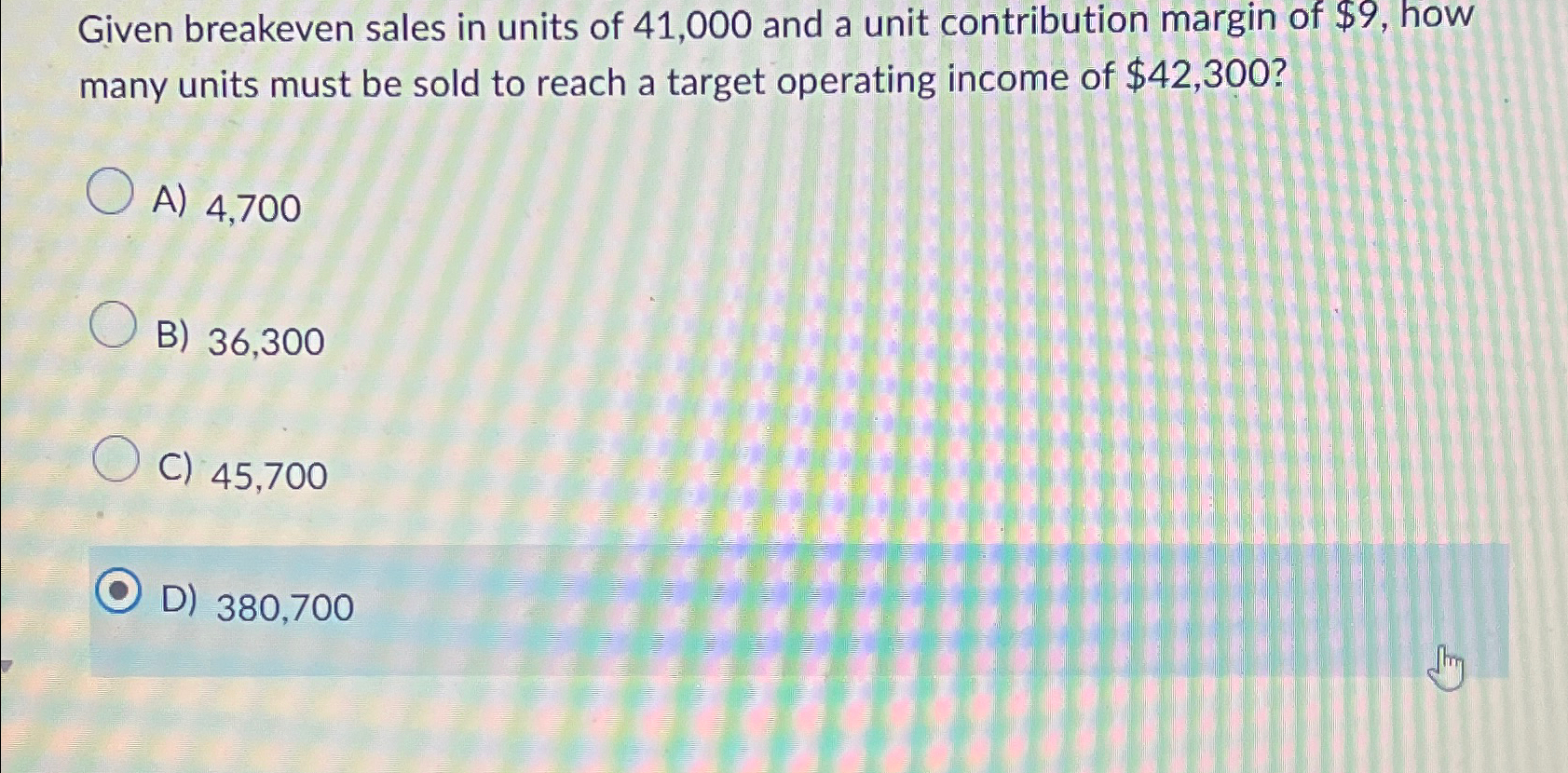 Solved Given breakeven sales in units of 41,000 ﻿and a unit | Chegg.com