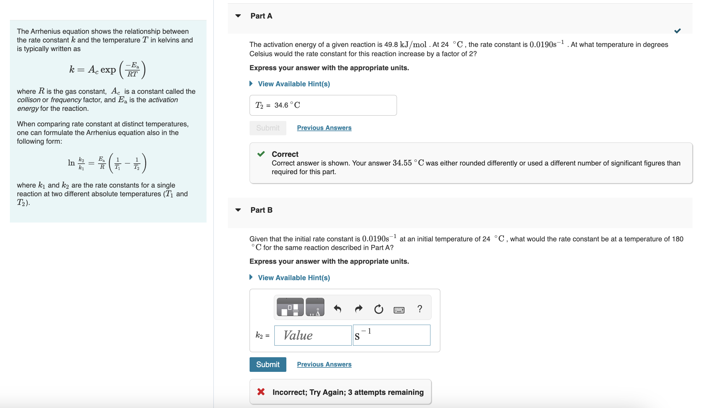 Solved Part AThe Arrhenius equation shows the relationship | Chegg.com