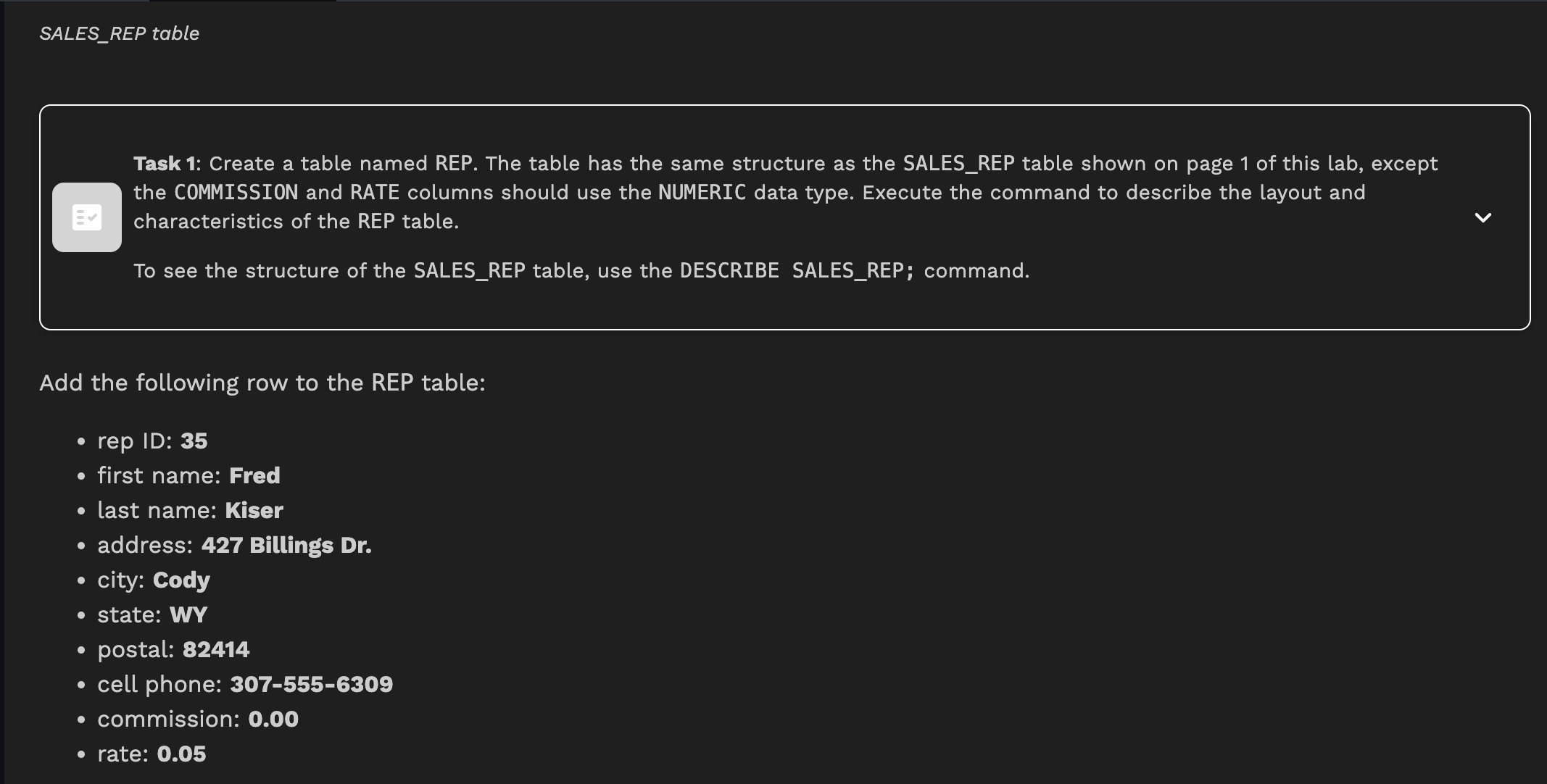 Solved Task 1: Create a table named REP. The table has the | Chegg.com