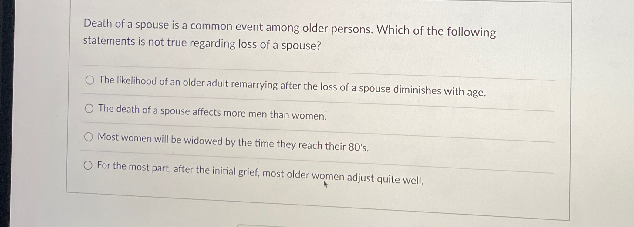 Solved Death of a spouse is a common event among older | Chegg.com