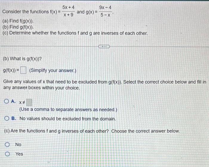 Solved Consider the functions f(x)=x+95x+4 and g(x)=5−x9x−4. | Chegg.com