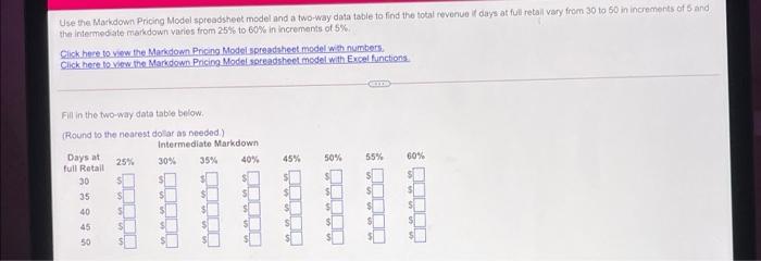 Solved Use the Markdown Pricing Model spreadsheet model and | Chegg.com