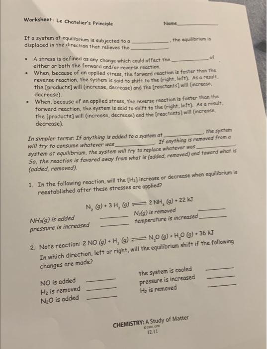 Solved Worksheet: Le Chatelier's Principle Name If a system | Chegg.com