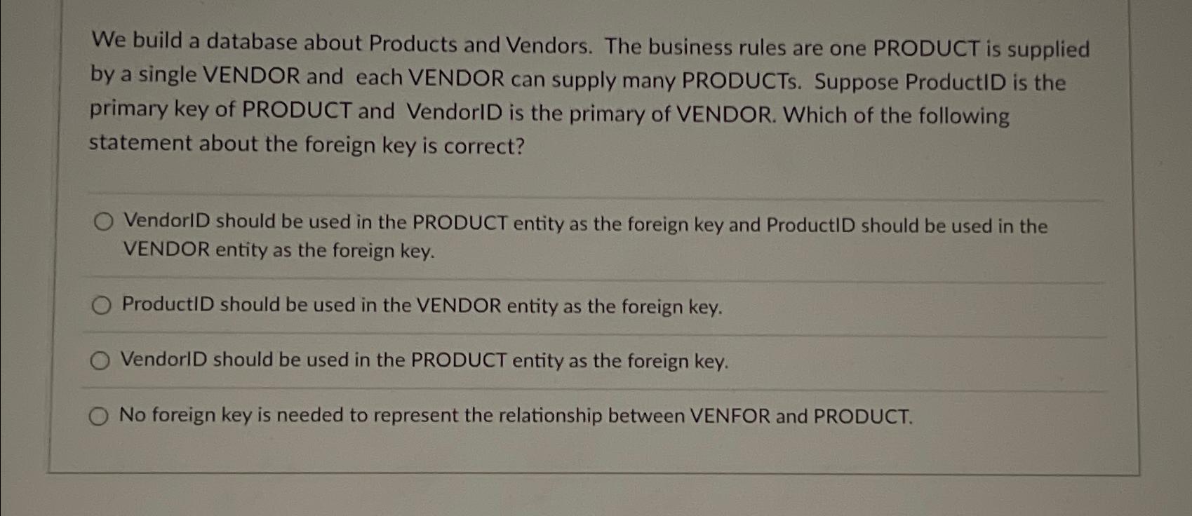 Solved We build a database about Products and Vendors. The | Chegg.com
