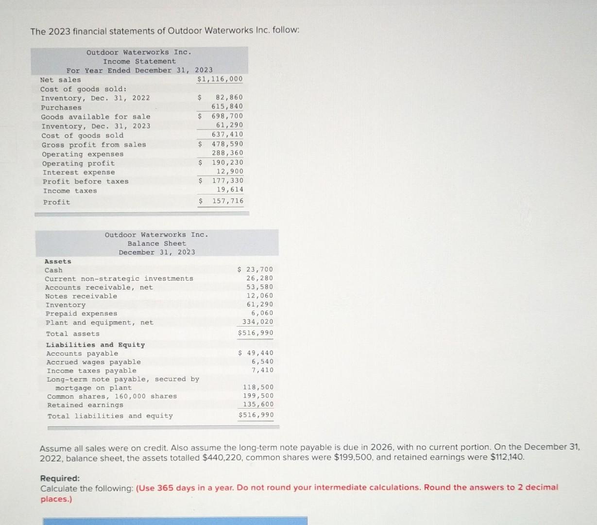 Solved The 2023 financial statements of Outdoor Waterworks | Chegg.com