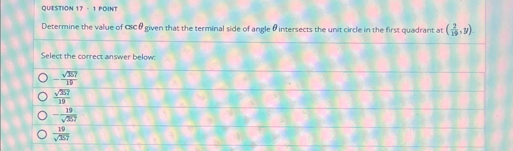Solved QUESTION 17 - 1 ﻿POINTDetermine the value of cscθ | Chegg.com