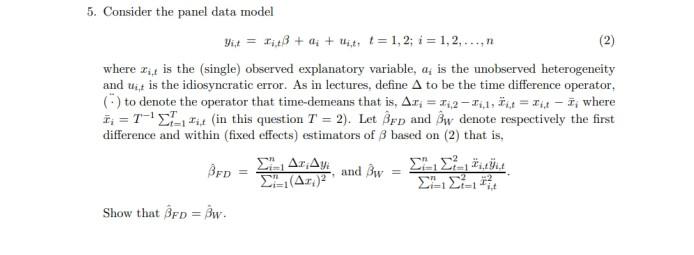Solved 5. Consider the panel data model | Chegg.com