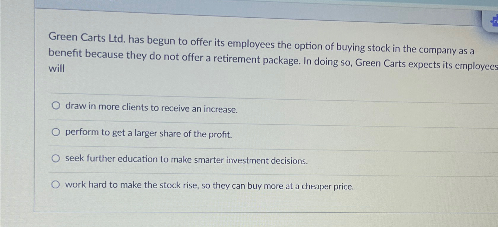 Solved Green Carts Ltd. ﻿has begun to offer its employees | Chegg.com