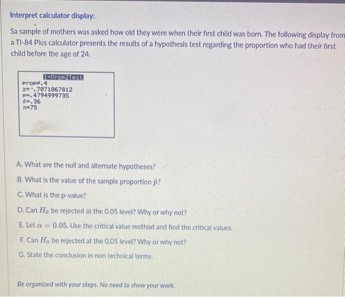 Solved Interpret calculator display: Sa sample of mothers | Chegg.com