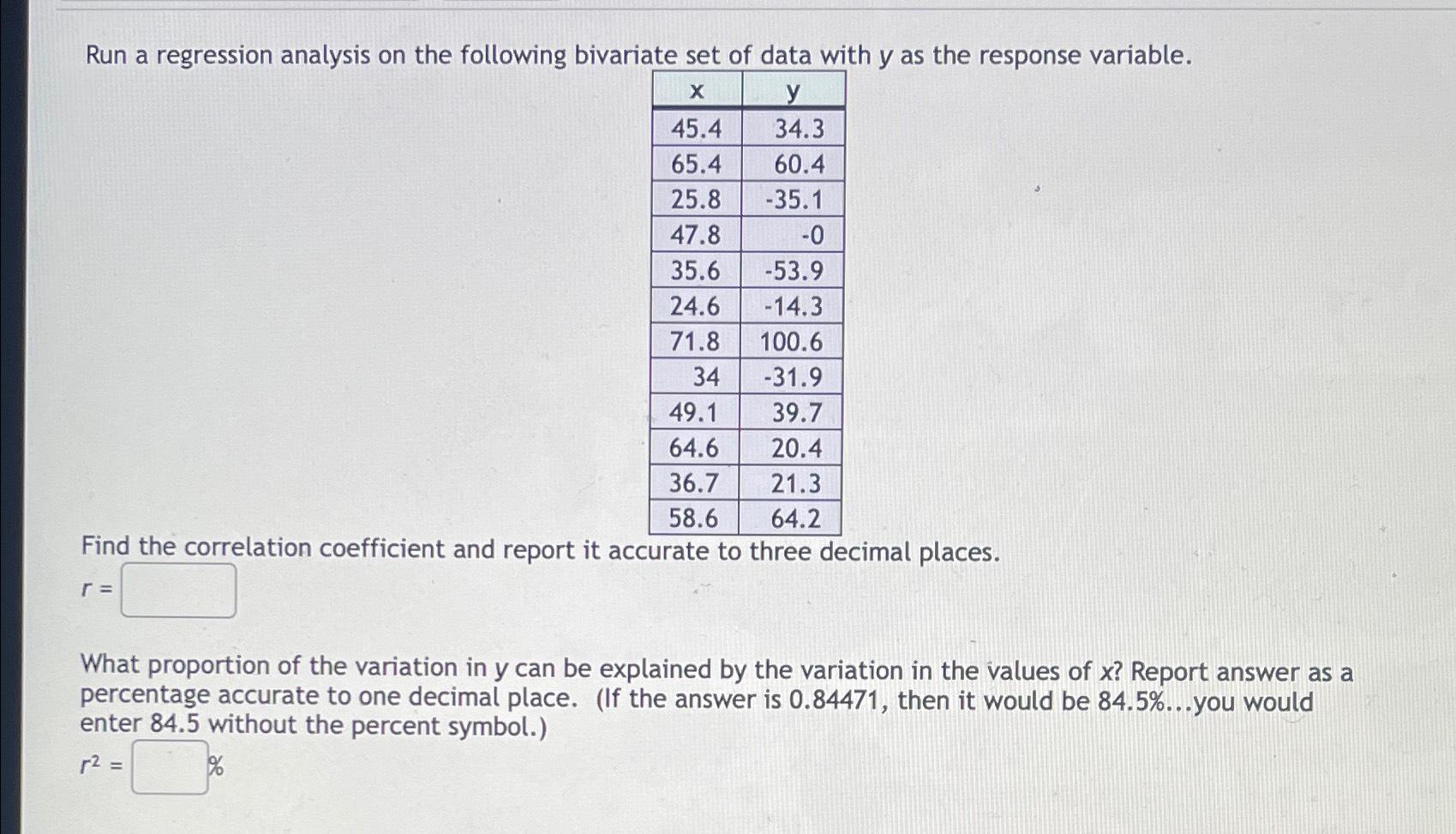 Solved Run a regression analysis on the following bivariate | Chegg.com