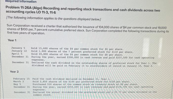Solved Required information Problem 11-26A (Algo) Recording | Chegg.com