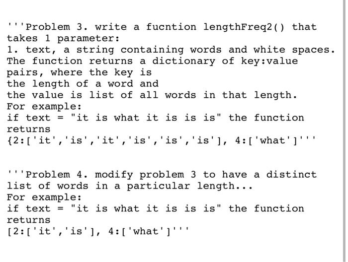 Solved ''Problem 3. write a fucntion lengthFreq2() that | Chegg.com