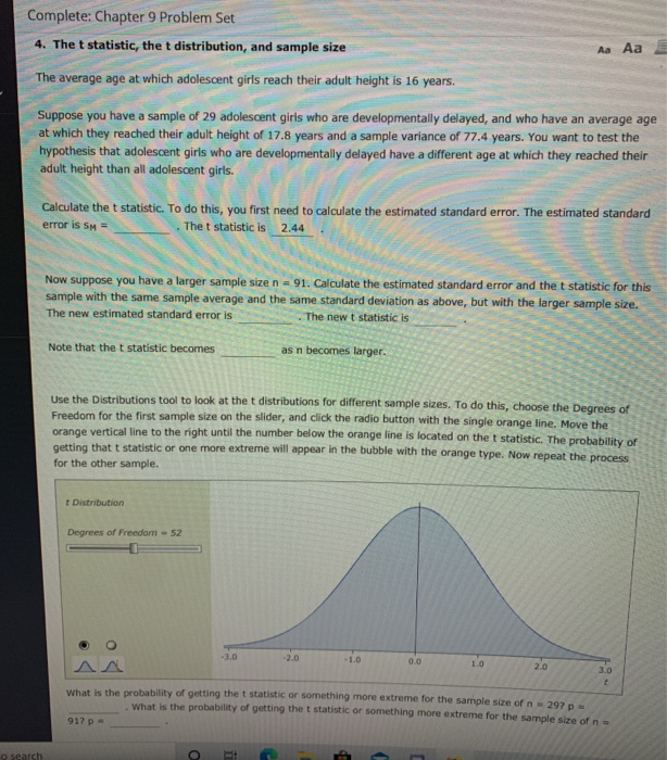Solved Complete: Chapter 9 Problem Set 4. The t statistic, | Chegg.com