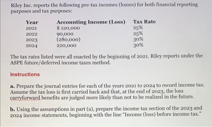 Solved Riley Inc. reports the following pre-tax incomes | Chegg.com