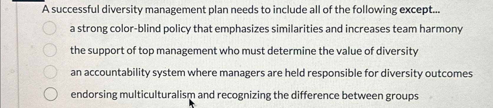 Solved A successful diversity management plan needs to | Chegg.com
