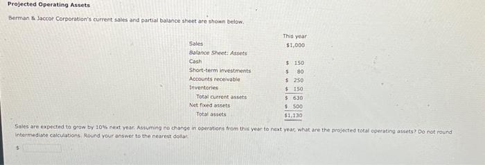 Solved Projected Operating Assets Berman & Jaccor | Chegg.com