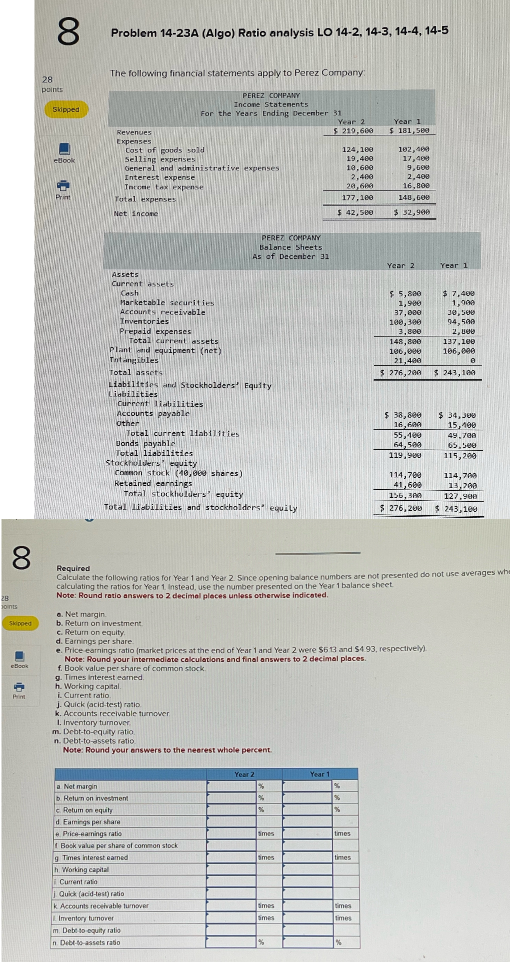 Solved 8Problem 14-23A (Algo) ﻿Ratio analysis LO | Chegg.com