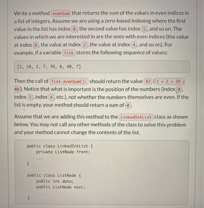 Solved Write A Method Evensum That Returns The Sum Of The 