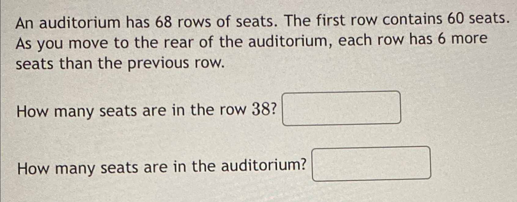 Solved An auditorium has 68 ﻿rows of seats. The first row | Chegg.com