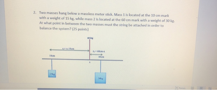 Solved 2. Two masses hang below a massless meter stick. Mass | Chegg.com