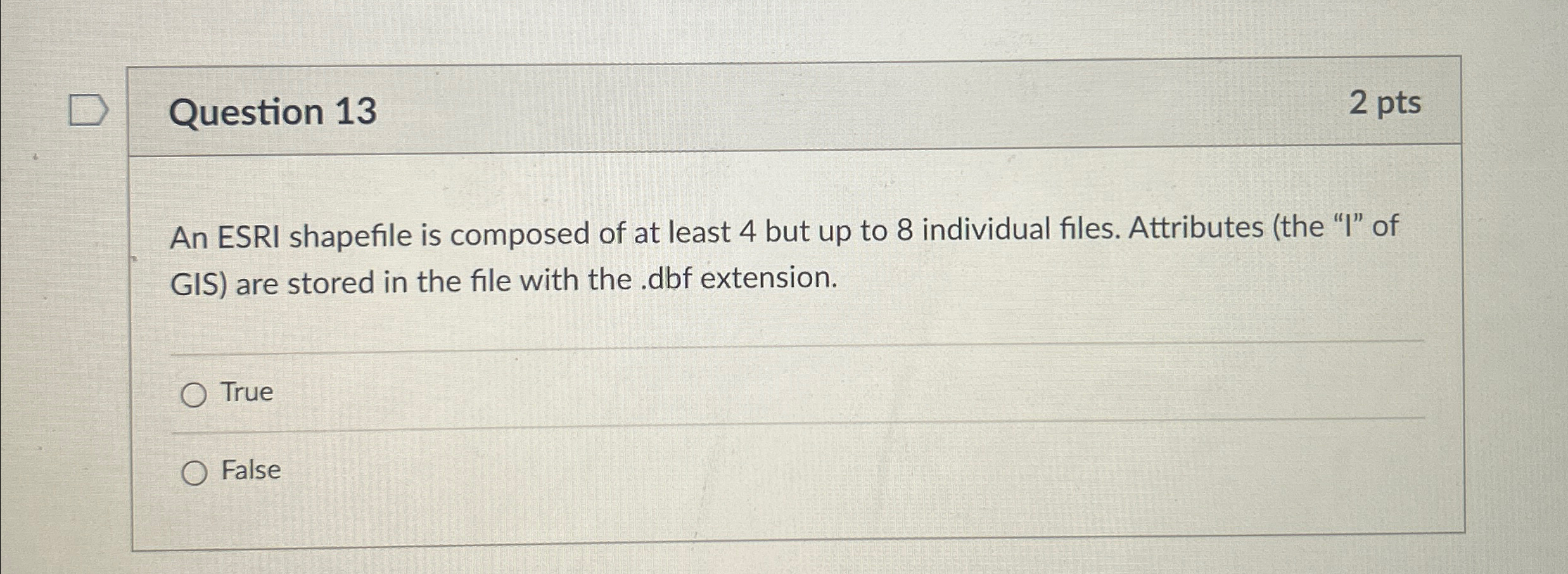 Solved Question 132ptsAn ESRI shapefile is composed of at | Chegg.com