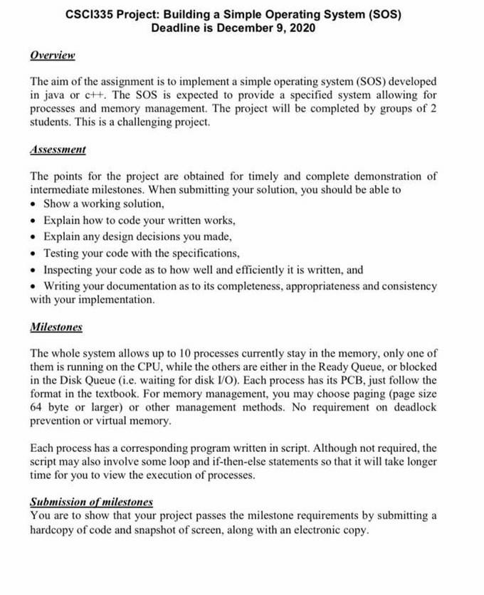 CSC1335 Project: Building a Simple Operating System | Chegg.com