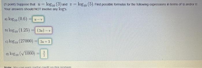 Solved (1 point) Suppose that u= log10 (3) and v= log10 (5) | Chegg.com