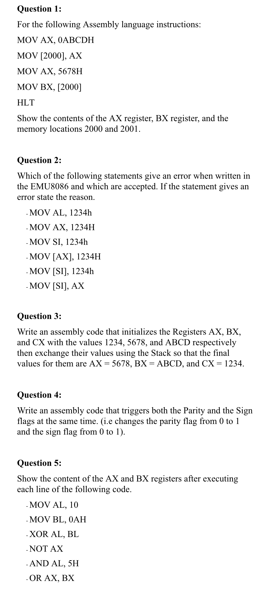 Solved Question 1:For the following Assembly language | Chegg.com