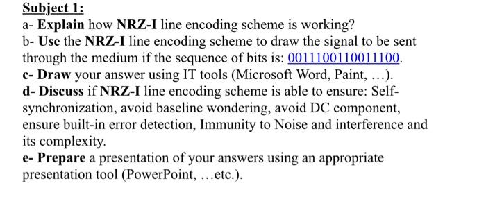 Solved Subject 1: a- Explain how NRZ-I line encoding scheme | Chegg.com