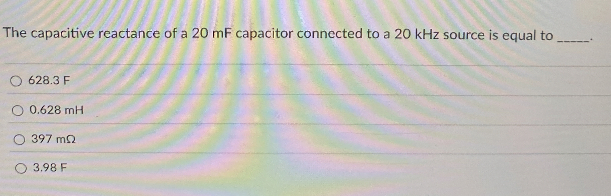 Solved The capacitive reactance of a 20 ﻿mF capacitor | Chegg.com