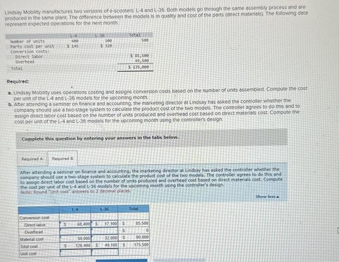 Solved Lndsay Mobility manufactures two versions or | Chegg.com