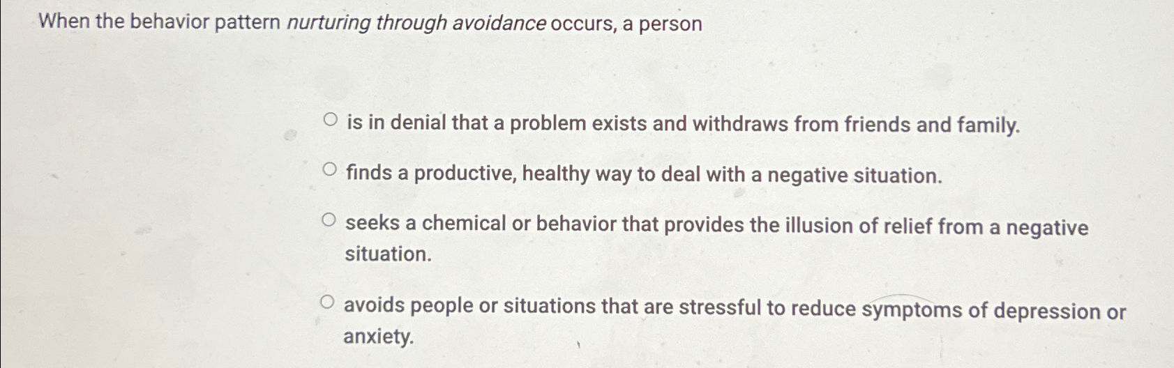Solved When the behavior pattern nurturing through avoidance | Chegg.com